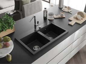 Mexen Hektor, 2-komorový granitový dřez 800x480x205 mm, černá, chromový sifon, 6521802000-77