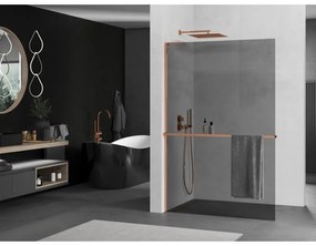 Mexen Kioto+ L, sprchová zástěna Walk-In s poličkou a věšákem 90 x 200 cm, 8mm šedé sklo, růžové zlato profil, 800-090-123-60-40