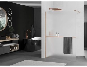 Mexen Kioto+, sprchová zástěna Walk-In s poličkou a věšákem 130 x 200 cm, 8mm sklo námraza, měděný matný profil, 800-130-121-65-30