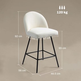 HOMCOM Sada 2 Barových Židlí s Velurovým Opěradlem, Vysoké Židle s Opěrkou Nohou pro Kuchyňský Ostrov a Barový Pult, 48,5x56x92 cm, Krémově Bílá