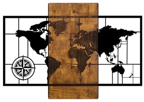 Wallexpert Dekorativní nástěnný dřevěný doplněk World Map With Compass, Ořech, Černá