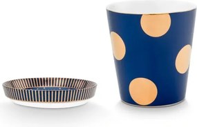 Pip Studio Dot Delight Navy-Gold hrnek bez ucha s odkládacím táckem 270ml, modro-zlatý (hrnek bez ucha z tenkostěnného porcelánu v dárkové krabičce)