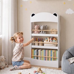 AIYAPLAY dětský knihovník, nástěnný dětský regál se 4 úrovněmi, nástěnný regál s medvědím designem, 50 x 15 x 97 cm bílý