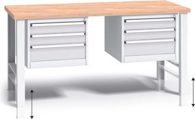 Výškově nastavitelný pracovní stůl do dílny G3 se 2 závěsnými boxy na nářadí, buková spárovka, 6 zásuvek, 1700 x 685 x 840 - 1050 mm, šedá