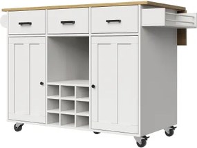 Aosom Kuchyňský vozík s rozkládací pracovní deskou, 3 zásuvky, 2 dveře, vinotéka a držák na ručníky, 124 x 40/65 x 91,5 cm, Bílá