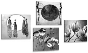 Set obrazů v černobílém etno provedení - 4x 60x60 cm