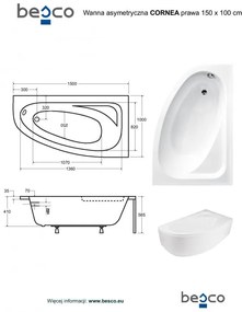 BESCO Asymetrická vana CORNEA Nožičky k vaně - S nožičkami, Rozměr vany - 150 × 100 cm, Způsob provedení - Pravé VANCOR150P+OLVPINOZ