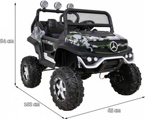Ramiz Mercedes Benz Unimog elektrické autíčko pro děti maskáčové lakované + pohon 4x4 + dálkové ovládání + nosič zavazadel + pomalý start + MP3 + LED