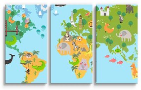 Sablio Obraz - 3-dílný Zvířecí mapa světa - 120x80 cm