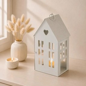 Lucerna kovová Domek 24 cm bílá