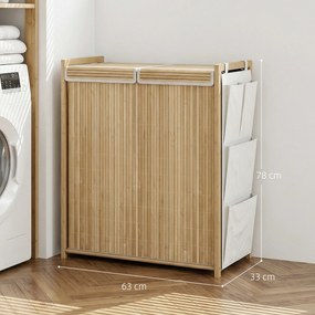 HOMCOM 120 l bambusový koš na prádlo s víkem, 2 přihrádky, snímatelné vaky se šňůrkou, boční kapsy, 63 × 33 × 78 cm, přírodní