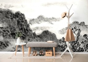 Samolepící tapeta černobílá čínská malba země - 300x200 cm