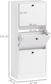 HOMCOM Botník se 3 skládacími dvířky, botník s nastavitelným děličem, štíhlý botník pro 12 párů bot 47 x 28 x 115 cm, bílý
