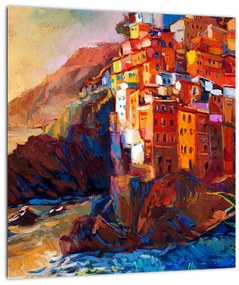 Obraz - Vesnice na pobřeží Cinque Terre, Italská riviéra, moderní impresionismus (30x30 cm)