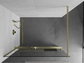 Mexen Kioto+, sprchová zástěna Walk-In s poličkou a věšákem 120 x 200 cm, 8mm čiré sklo, zlatý matný profil, 800-120-121-55-00