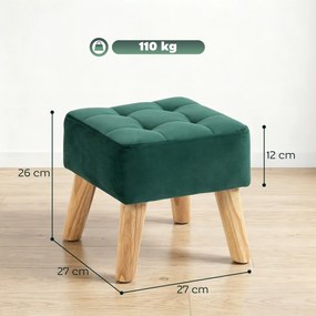 HOMCOM čalouněná podnožka s dřevěnými nohami, 27 × 27 × 26 cm, tmavě zelená