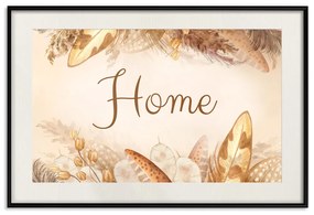 Plakát Domov - nápis mezi sušenými rostlinami a peřím v teplých boho tónech