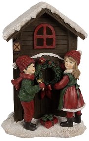 Hnědá vánoční dekorace svítící domek s dětmi - 13*10*20 cm