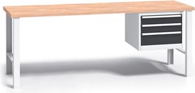 Pracovní stůl do dílny G3 se závěsným boxem na nářadí, buková spárovka, 3 zásuvky, pevné kovové nohy, 2000 mm, grafit
