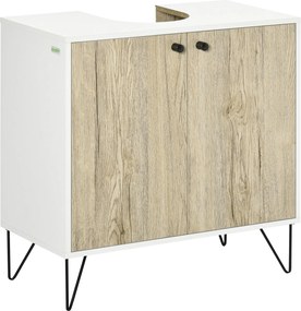 kleankin Koupelnová Skříňka Pod Umyvadlo s Dvěma Dveřmi a Ocelovými Nohami 60x30x60 cm Ořech a Bílá | Aosom