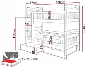 Dětská patrová postel z masivu borovice DOMINIK II se šuplíky - 200x90 cm - přírodní borovice