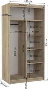 ADRK Furniture Posuvná skříň se zrcadlem KSAWER 100 SW-KSA-S+W-100+A638