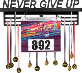 Kovový věšák na medaile a startovní čísla NEVER GIVE UP - černý