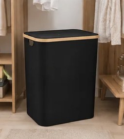 koš na prádlo, objem 140 l, s víkem, pano/bambus, 68x57x37 cm, černá/přírodní, Dekorino KP20260008