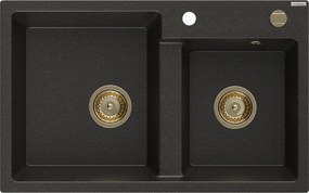 Mexen Tomas, granitový dřez 800x500x190 mm, 2-komorový, černá-zlatá metalíza se zlatým sifonem, 6516802000-75-G
