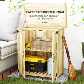 Zahradní skříňka, skříňka na nářadí pro venkovní použití, s pracovní deskou, dřevo a nerezová ocel, dvojité dveře, přírodní dřevo
