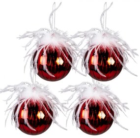 4ks červená vánoční ozdoba koule s peříčky – 10 cm