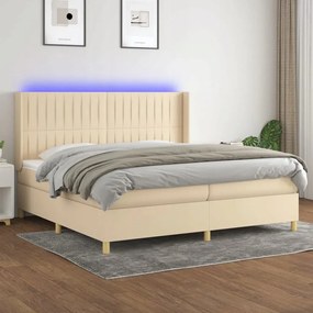 Box Spring Postel S Matrací A Led Textil Krémová Svislé pruhy 200 x 200 c