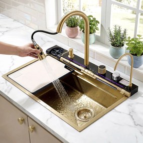 Rea, Multifunkční ocelový dřez 10 v 1 REA Alonzo Brush Gold, ZLE-06419