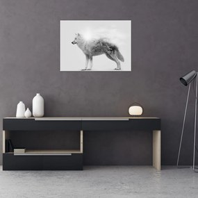 Skleněný obraz - Arktický vlk zrcadlící divokou krajinu, černobílý (70x50 cm)