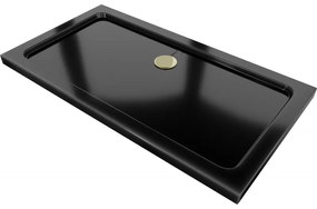 Mexen Flat obdélníková vanička do sprchového koutu slim 130 x 70 cm, Černá, sifon Zlatá - 40707013G