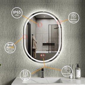 Erga Lyra, oválné LED zrcadlo 60x80cm, 3 barvy světla, přední a zadní osvětlení, vyhřívací podložka proti zapaření, ERG-V01-LYRA-6080-CL