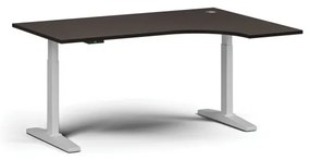Výškově nastavitelný stůl, elektrický, 675-1325 mm, rohový pravý, deska 1600x1200 mm, bílá podnož, wenge