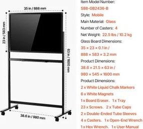 Magnetická bílá tabule ze skla, 888x583 mm VEVOR