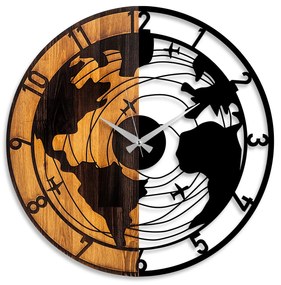 Wallexpert Dekorativní nástěnné dřevěné hodiny World Map, Ořech, Černá