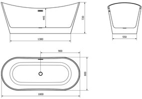 Mexen Montana, volně stojící vana 180 x 80 cm, bílá, zlatý lesklý přepad, 52011808000-50