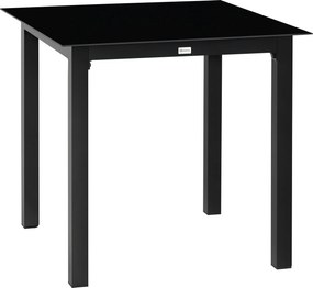 Outsunny zahradní stůl čtvercový pro 4 osoby, stůl na terasu s deskou z tvrzeného skla, hliníková černá 80x80x74cm pro zahradu a balkon