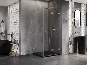 Mexen Lunar-F L, sklápěcí sprchový kout pravý 90 x 90 cm, 8mm čiré sklo, zlatý profil, 836L-090-090-50-00-P