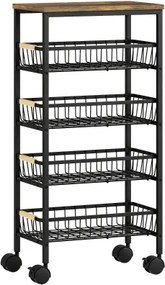 HOMCOM Přídavný vozík na kolečkách, 4 odnímatelné koše, nosnost 15 kg, kovový rám pro jídelnu 40 x 24 x 81,5 cm, rustikálně hnědá