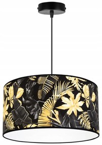 Závěsné svítidlo Gold Flowers, 1x černé textilní stínítko s květinovým vzorem, (fi 40cm)