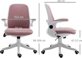 Vinsetto kancelářská otočná židle s opěradlem, nastavitelná výška s vyklápěcími opěrkami 120 kg pro kancelář nebo ložnici 62,5x60x94-104 cm Růžová