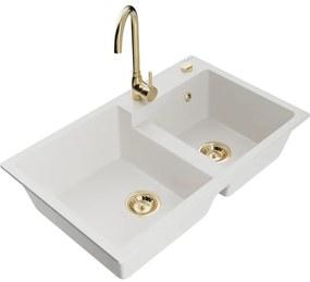 Mexen Tomas, granitový dřez 800x500x190 mm, 2-komorový a zlatá baterie Telma, bílá, 6516-20-670200-50