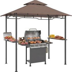 Grilovací pavilon Outsunny – zahradní stříška s policemi, nehořlavá dvojitá střecha, káva hnědá 245 x 148 x 252 cm