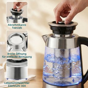 HOMCOM Elektrická konvice, 1,7 l rychlovarná 2200 W konvice s UK Strix termostatem, sítkem na čaj, funkcí udržování teploty