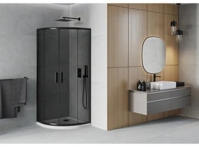 Mexen Rio, čtvrtkruhový sprchový kout s posuvnými dveřmi 80 (dveře) x 80 (dveře) x 190 cm, 5mm šedé sklo, černý profil + bílá sprchová vanička SLIM, 863-080-080-70-40-4110B