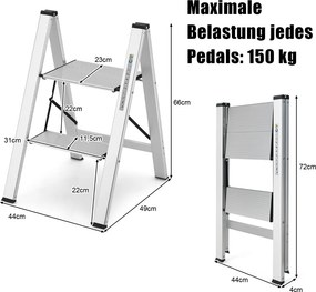 Costway Schůdkový žebřík 2 stupňový hliníkový skládací žebřík do 150 kg, stříbro